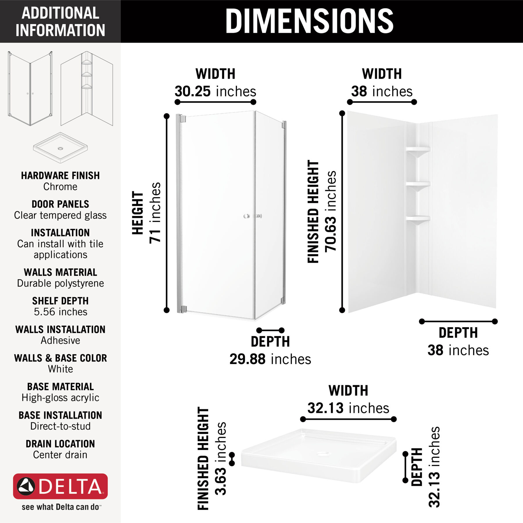 32x32 Corner Shower Bundle - Square in High Gloss White BVS3-FN271-WHPC ...
