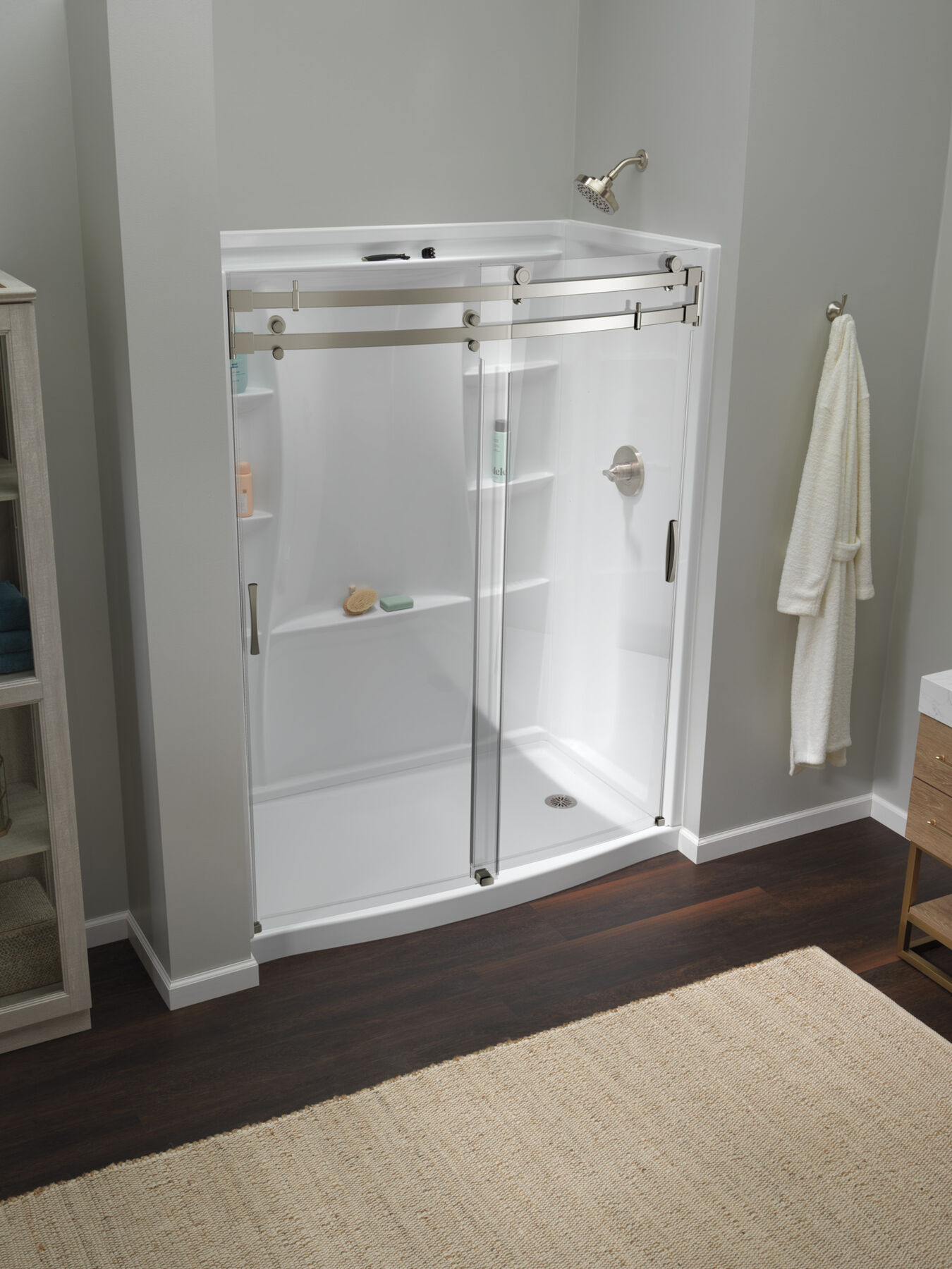 60x32 Alcove Shower Bundle with Door - Right Drain Curve in Stainless ...