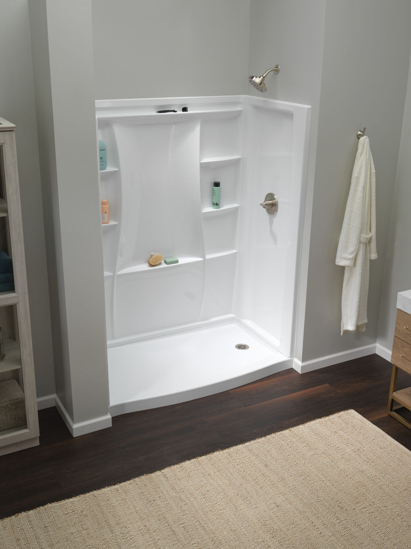 60 x 32" Curved Alcove Shower Base with Right Drain in High Gloss White ...