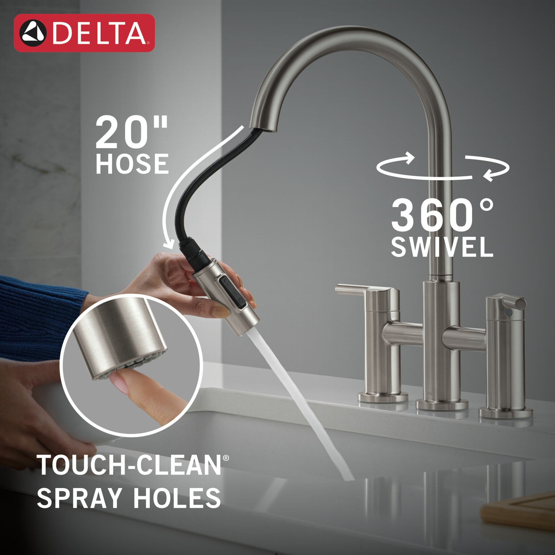 Two Handle Pull-Down Bridge Kitchen Faucet in Stainless 39876LF-SS ...