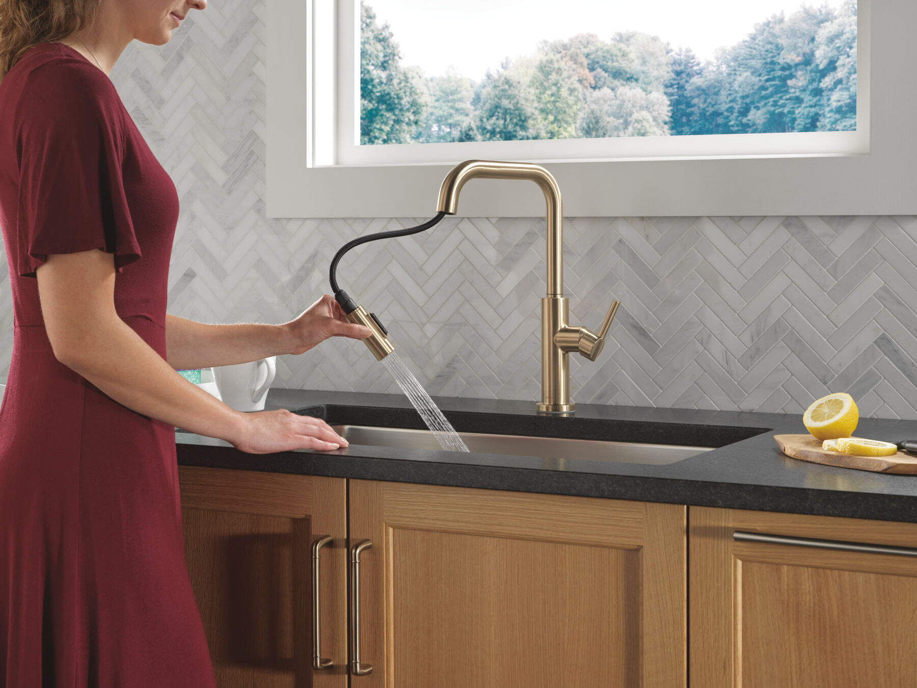 Single Handle Pull-Down Kitchen Faucet in Champagne Bronze 19868LF-CZ ...