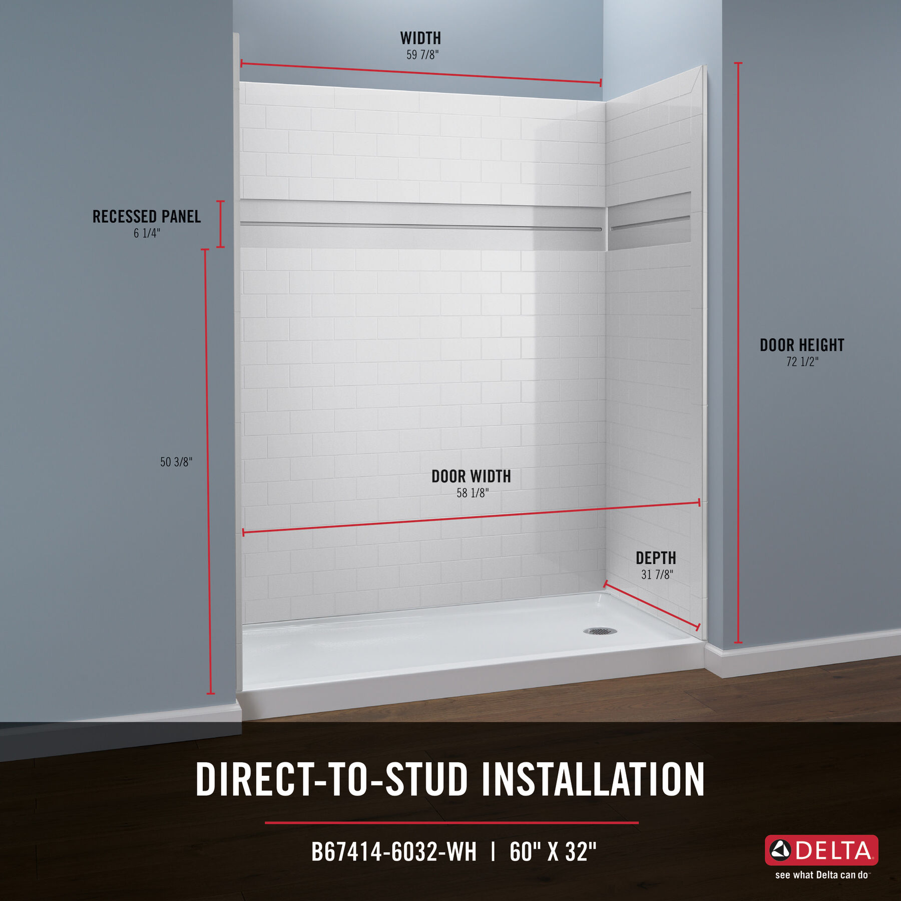 60'' x 74" x 32'' Shower Wall Set in High Gloss White B67414-6032-WH ...