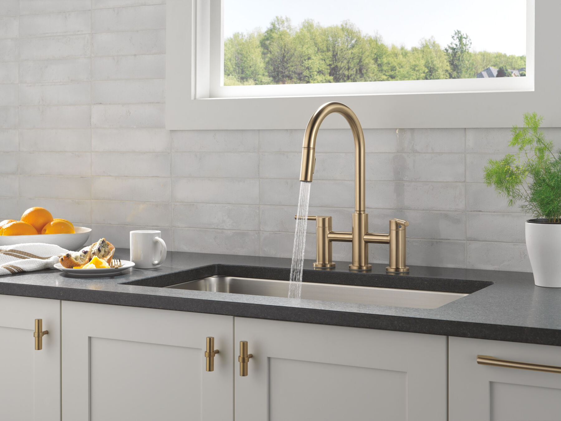 Two Handle Pull-Down Bridge Kitchen Faucet in Champagne Bronze 39876LF ...