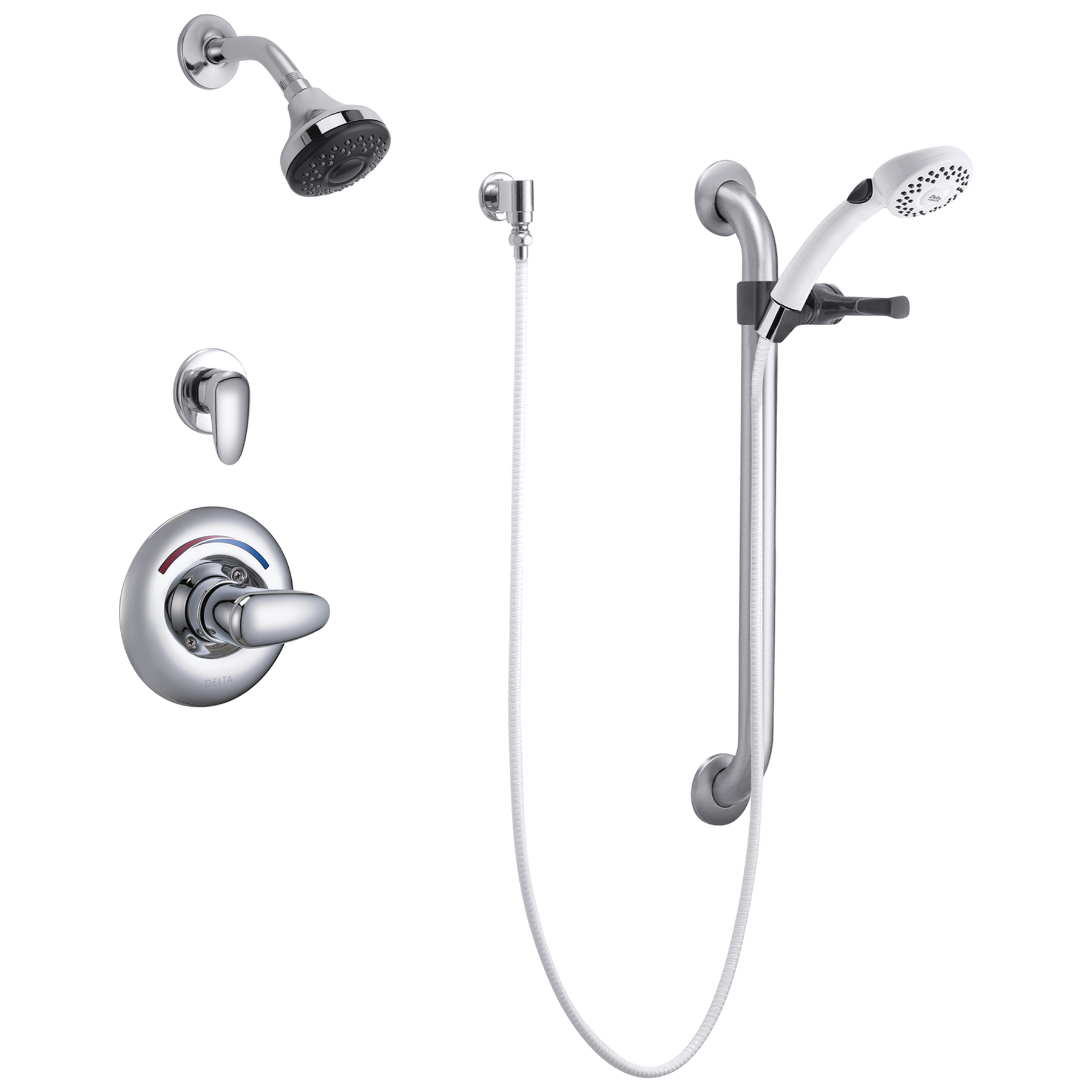 Universal Dual Shower Trim Diverter Hand Shower and Grab Bar in Chrome ...