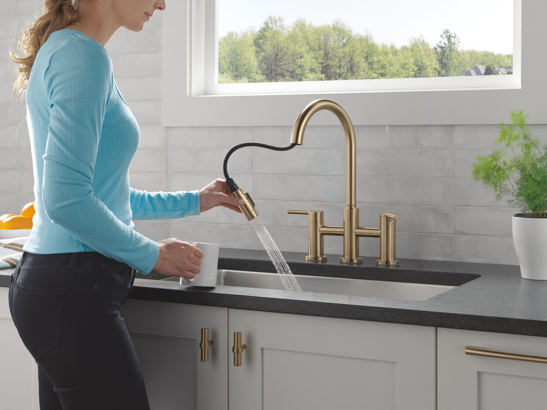 Two Handle Pull-Down Bridge Kitchen Faucet in Champagne Bronze 39876LF ...
