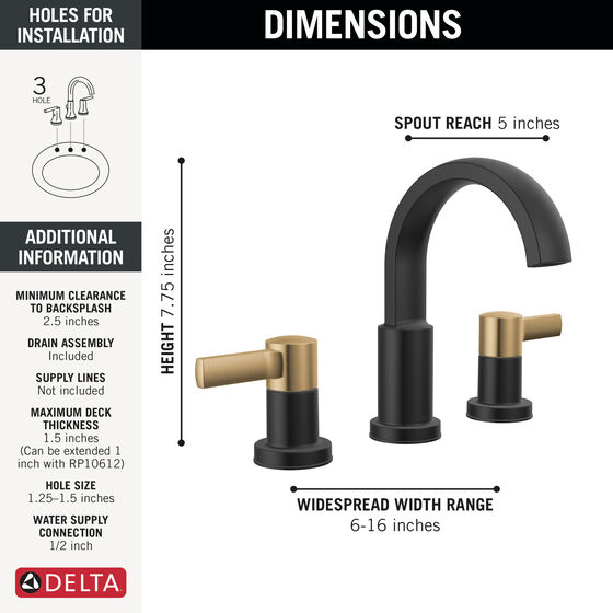 Two Handle Widespread Bathroom Faucet in Matte Black / Champagne Bronze 35855LF-GZ | Delta Faucet