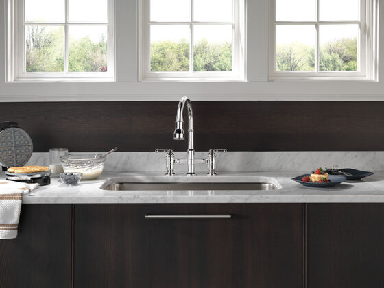 Two Handle Pull-Down Bridge Kitchen Faucet in Chrome 2390L-DST | Delta ...