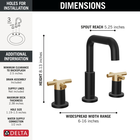 Widespread Bathroom Faucet (Recertified) in Matte Black / Champagne Bronze 35894LF-GZ-R | Delta ...