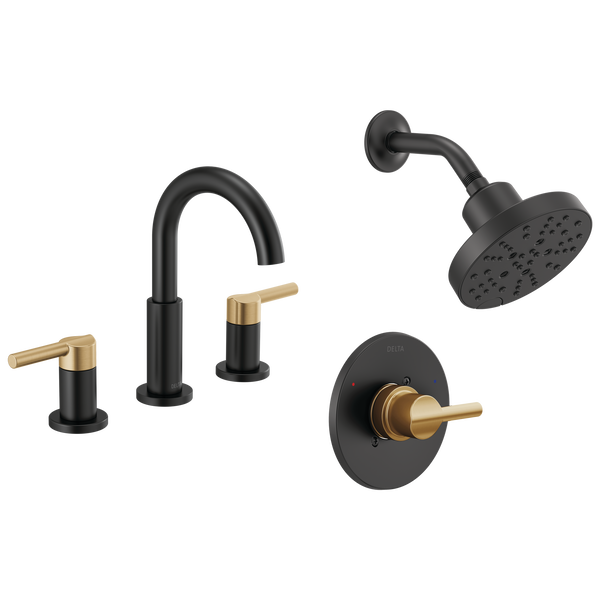 Widespread Lavatory Faucet with Shower Trim Bundle - 14 Series in Matte Black / Champagne Bronze ...