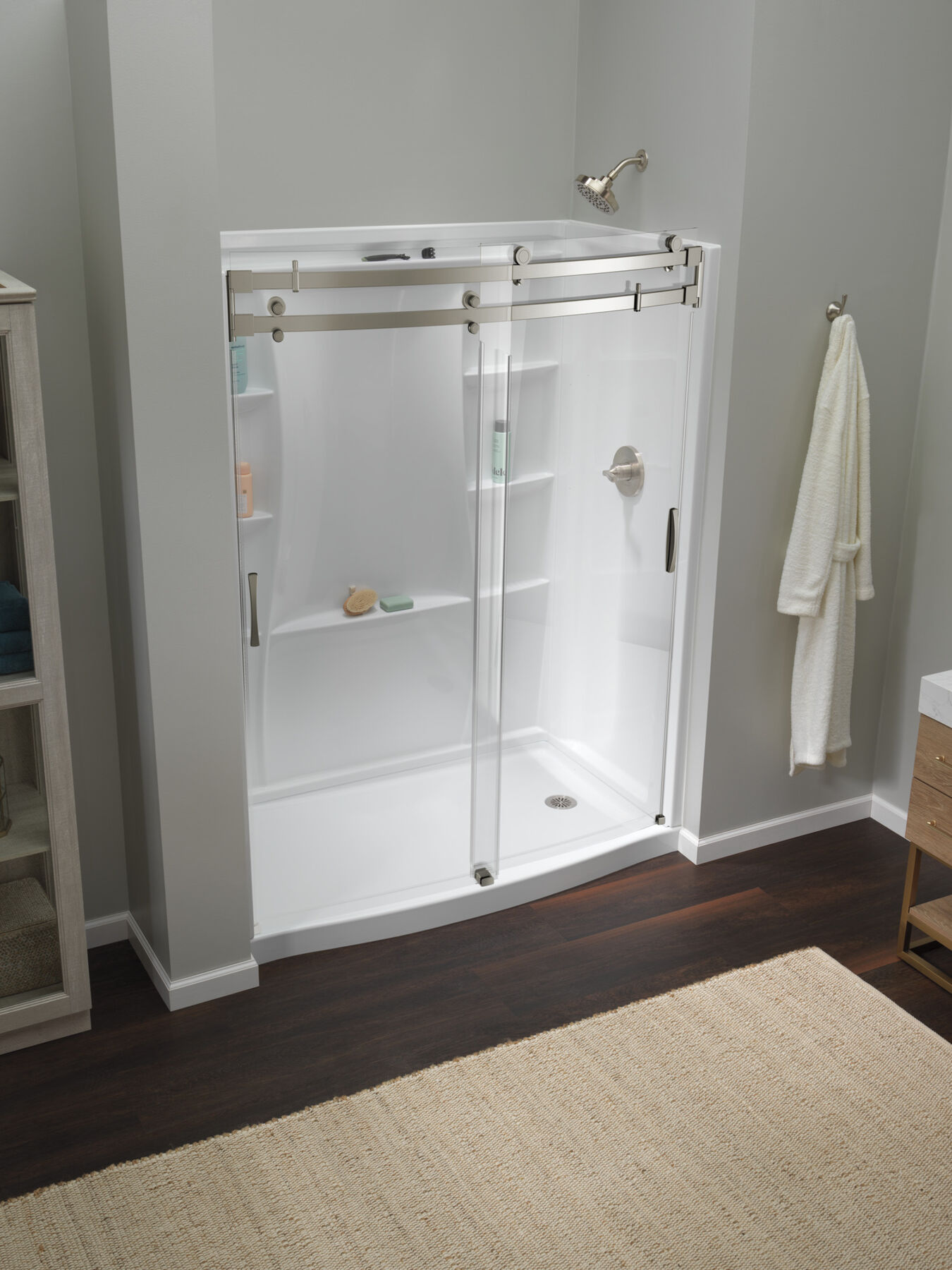 60 x 32" Curved Alcove Shower Base with Right Drain in High Gloss White ...