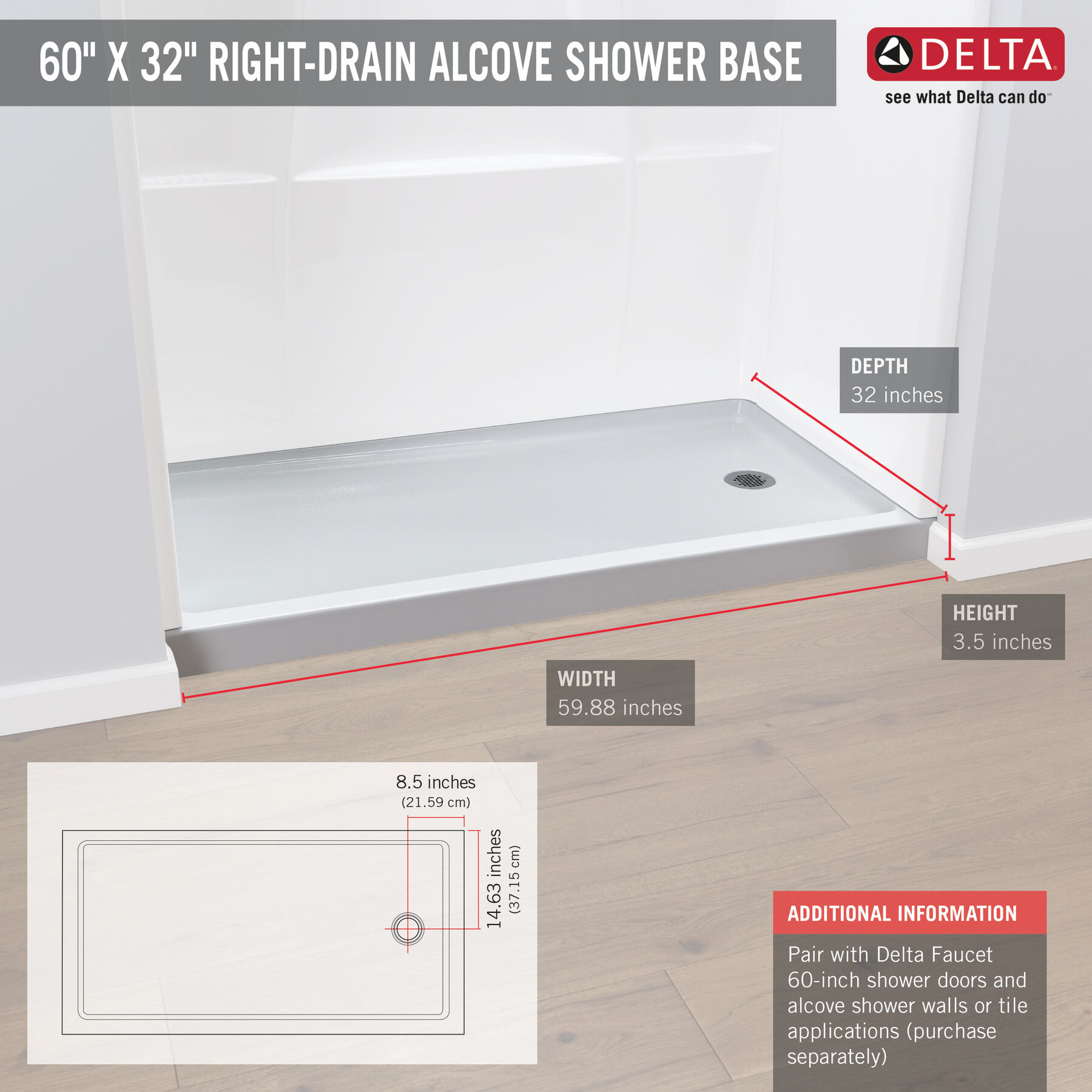 ProCrylic™ 60" x 32" Shower Base Right Drain in High Gloss White B78615 ...