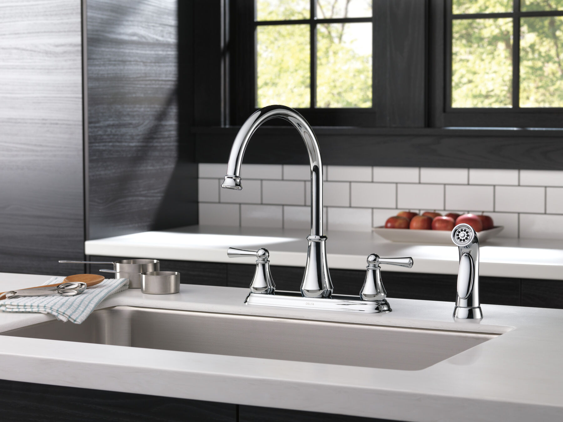 Two Handle Kitchen Faucet with Spray in Chrome 21902LF | Delta Faucet