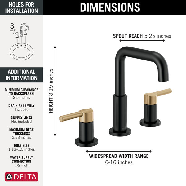 Widespread Bathroom Faucet (Recertified) in Matte Black / Champagne Bronze 35849LF-GZ-R | Delta ...