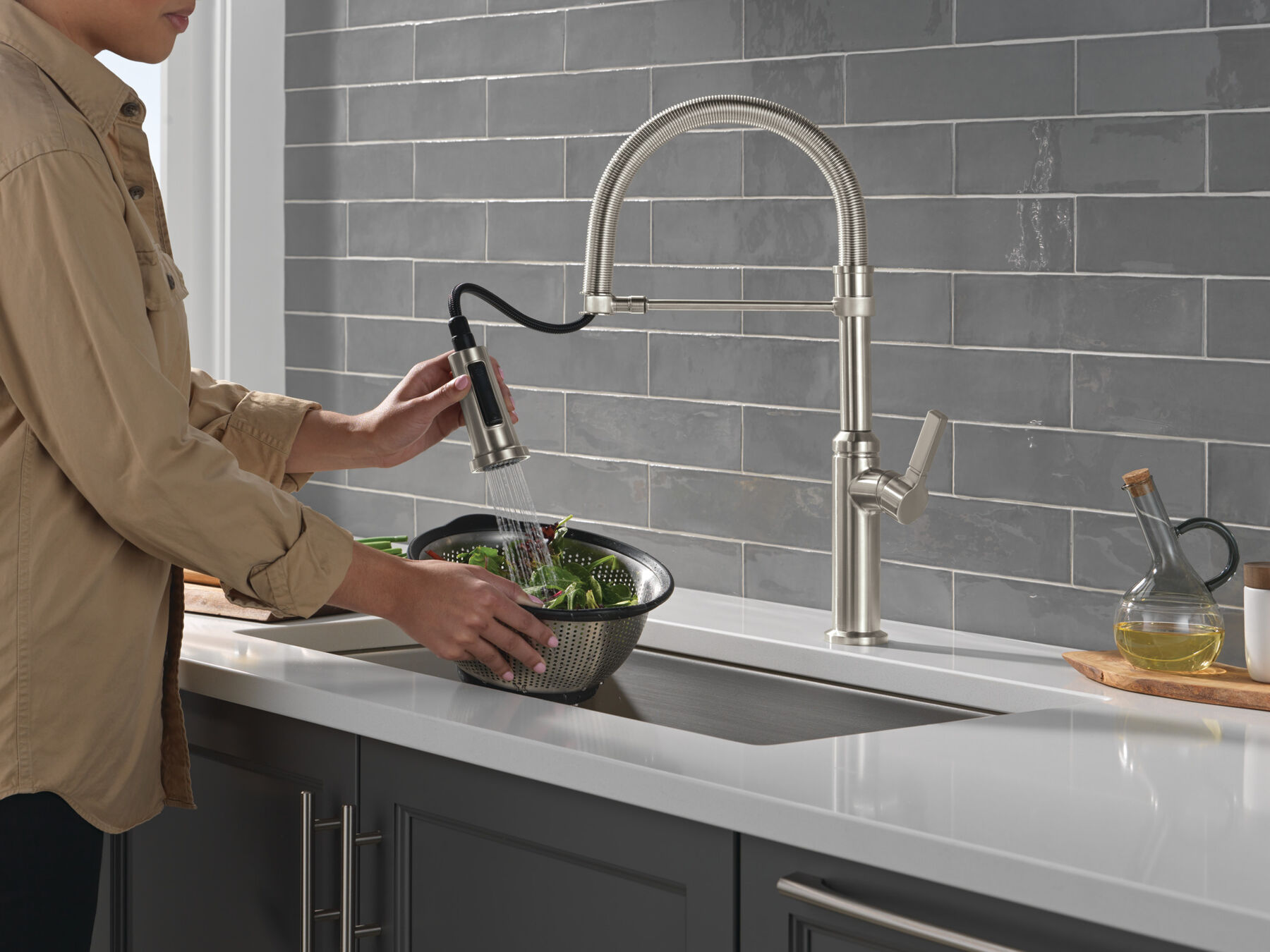 Single Handle Pull-Down Kitchen Faucet With Spring Spout in Stainless ...