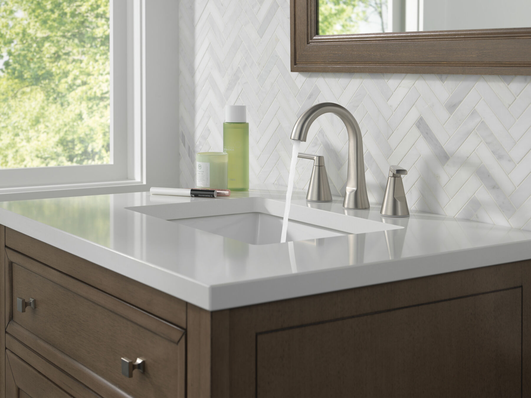 Two Handle Widespread Bathroom Faucet in Spotshield Brushed Nickel 35832LF-SP | Delta Faucet