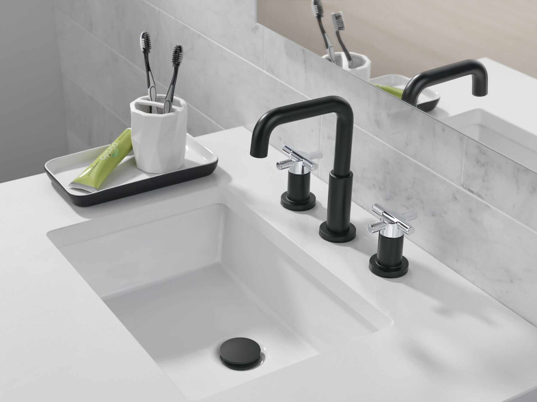 Two Handle Widespread Bathroom Faucet in Matte Black / Chrome 35894LF-CS | Delta Faucet