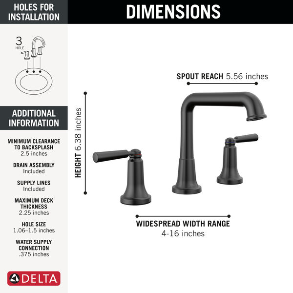 Two Handle Widespread Bathroom Faucet (Recertified) in Matte Black 3536-BLMPU-DST-R | Delta Faucet