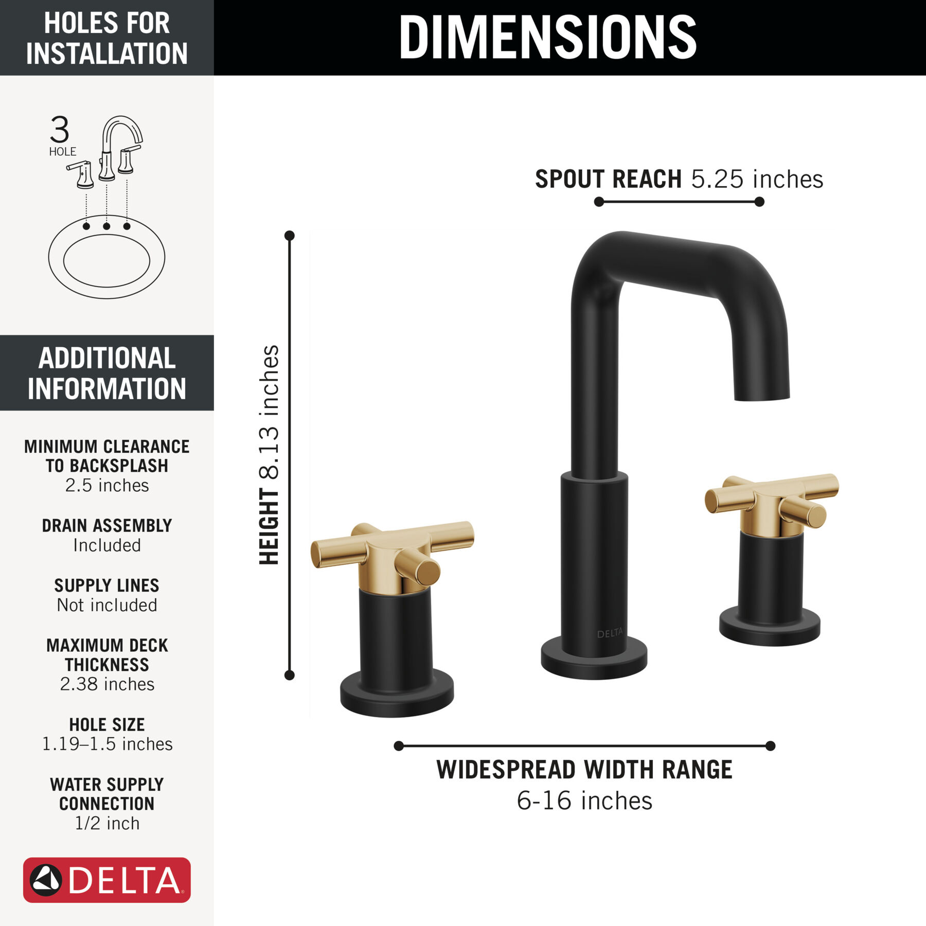 Two Handle Widespread Bathroom Faucet in Matte Black / Champagne Bronze 35894LF-GZ | Delta Faucet