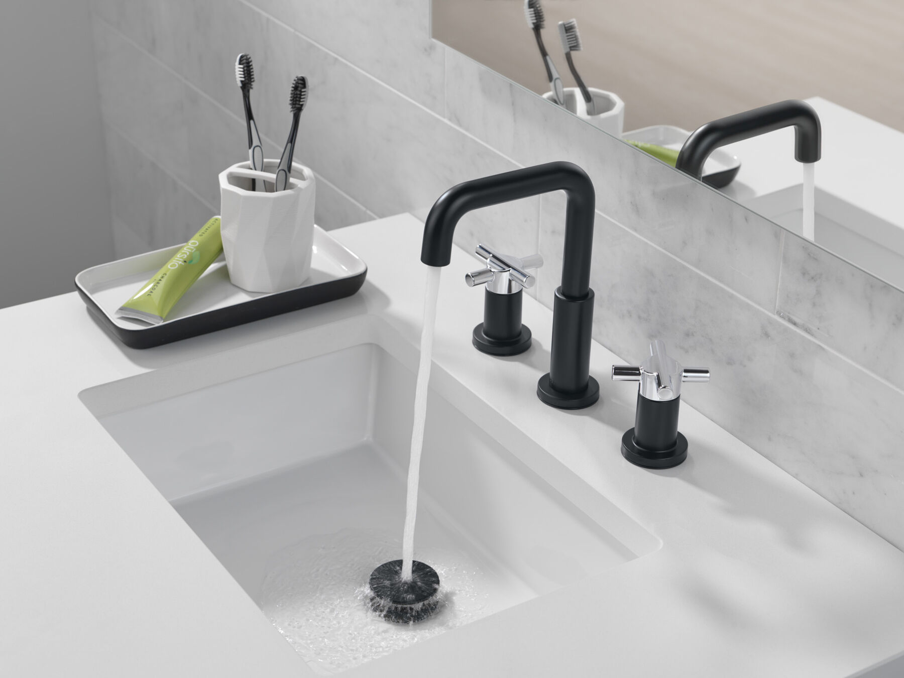 Two Handle Widespread Bathroom Faucet in Matte Black / Chrome 35894LF-CS | Delta Faucet