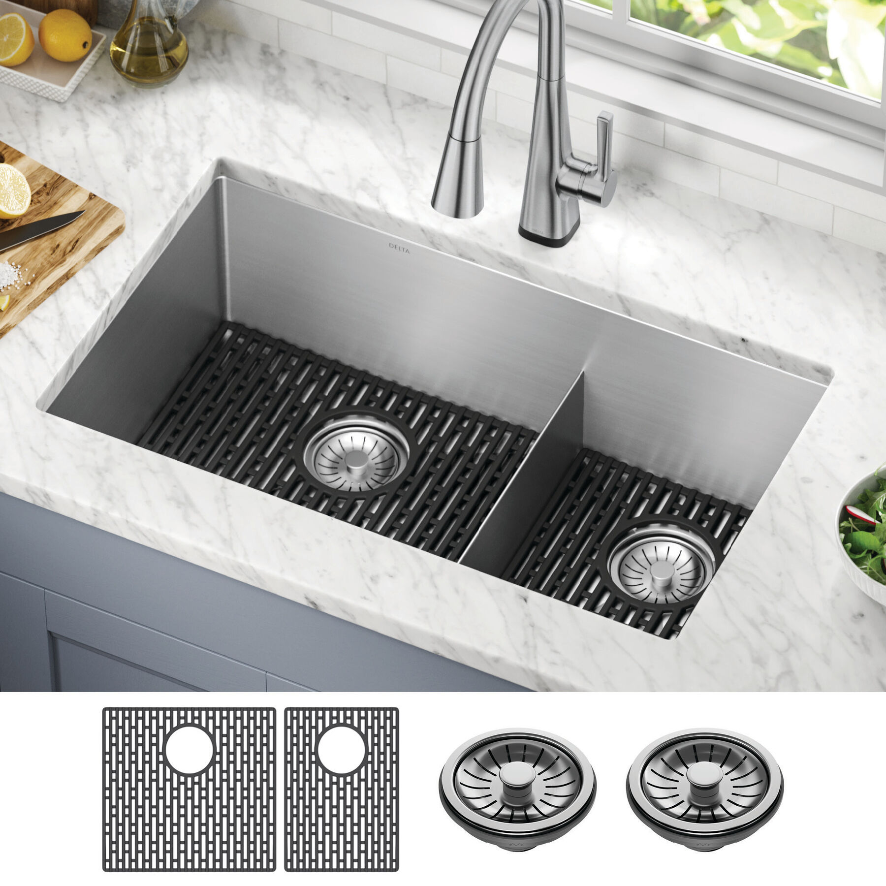 32” Undermount Stainless Steel Double Bowl Kitchen Sink with ...