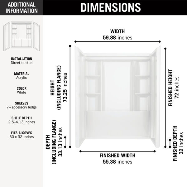EverEdge Shower Wall 60x32" in High Gloss White B12207-6032-WH | Delta ...