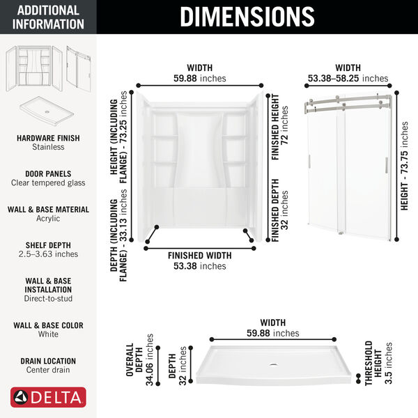 60x32 Alcove Shower Bundle with Door - Center Drain Curve in Stainless BVS3-C51606-WH | Delta Faucet