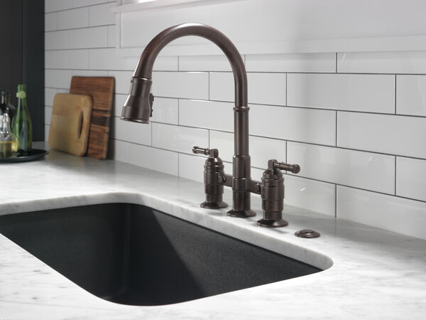 Two Handle Pull-Down Bridge Kitchen Faucet in Venetian Bronze 2390L-RB ...