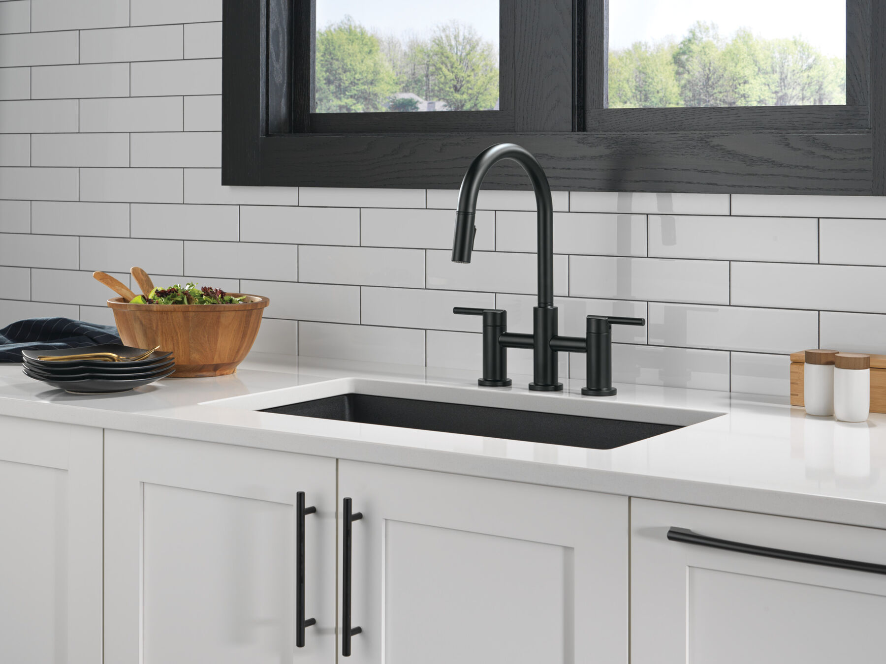 Two Handle Pull-Down Bridge Kitchen Faucet in Matte Black 39876LF-BL ...