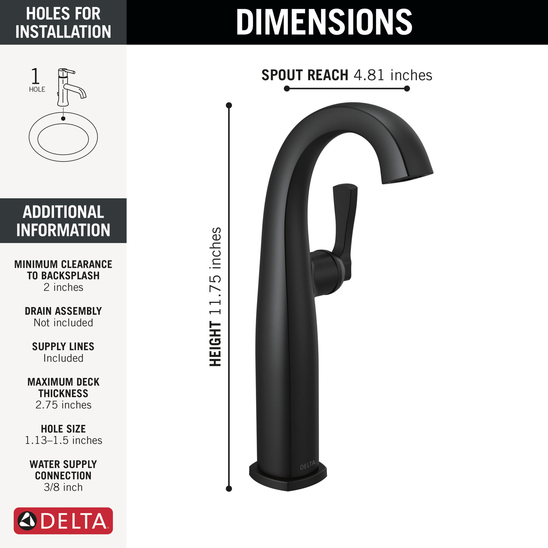 Single Handle Vessel Bathroom Faucet in Matte Black 777-BL-DST | Delta ...