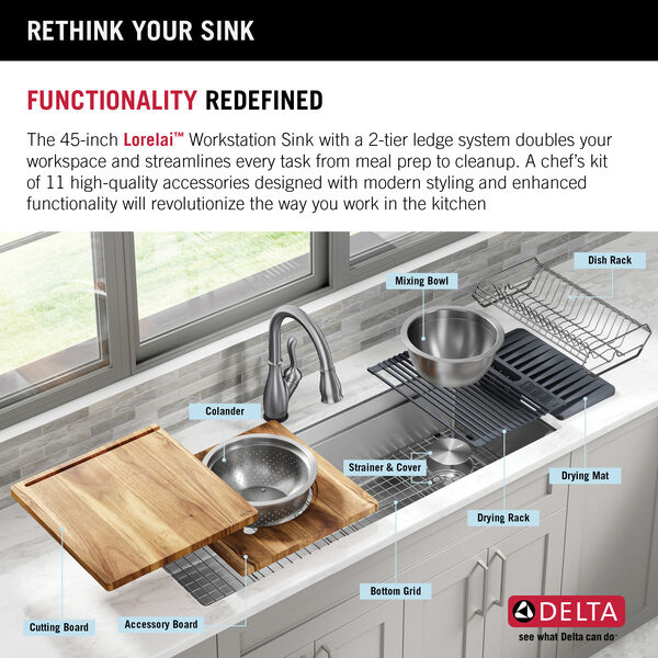 45” Workstation Undermount Single Bowl 16 Gauge Stainless Steel Kitchen ...