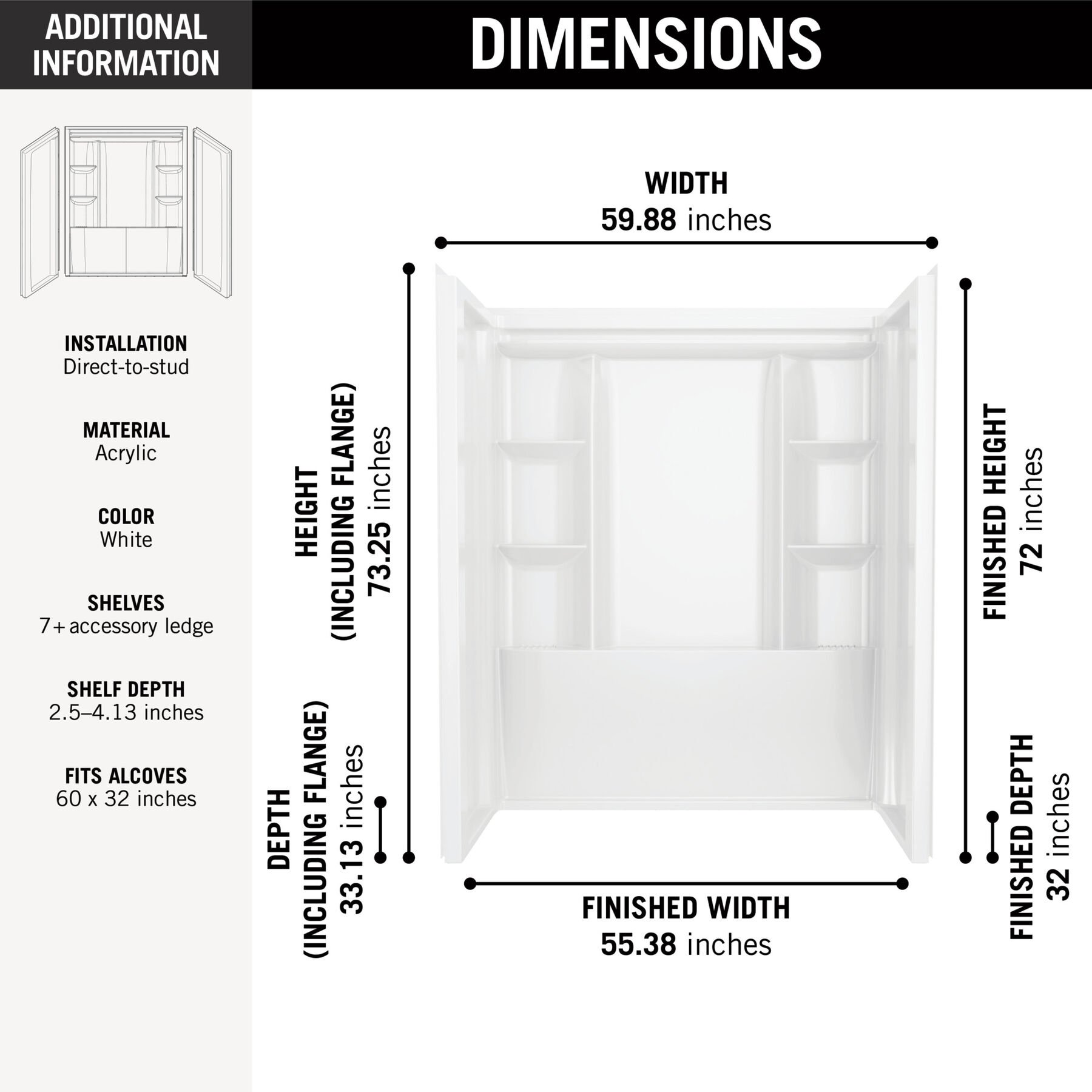 EverEdge Shower Wall 60x32" in High Gloss White B12207-6032-WH | Delta ...