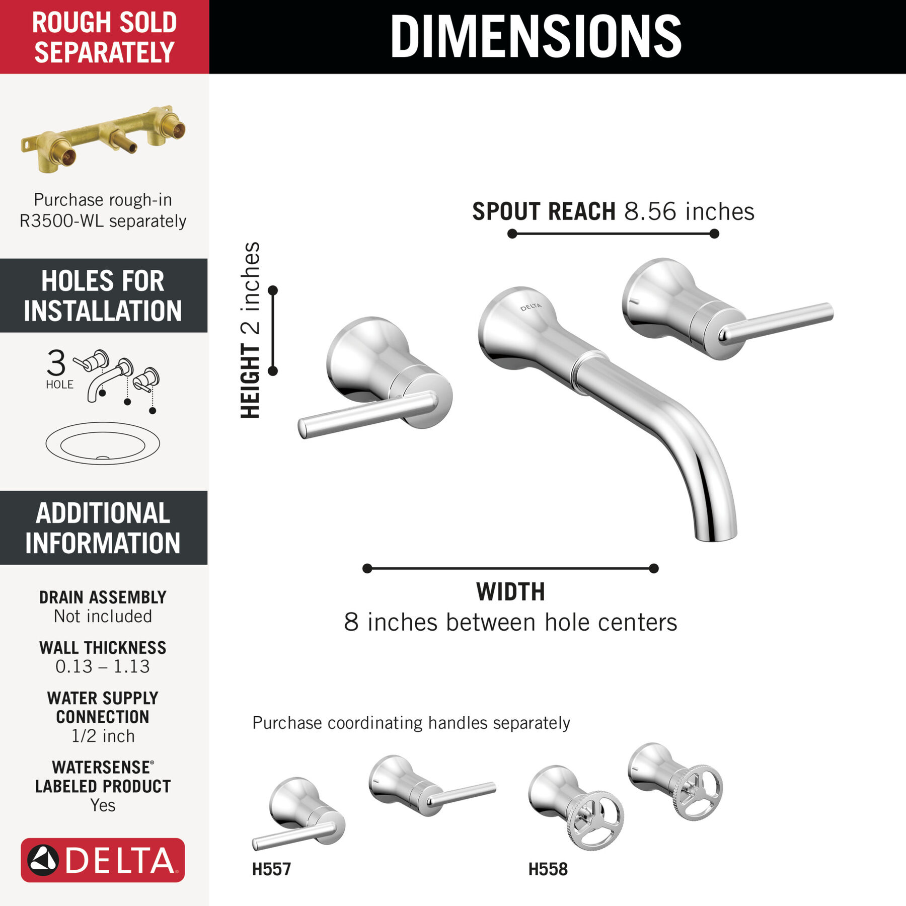 Two Handle Wall Mount Bathroom Faucet in Chrome T3554LF-LHP-WL | Delta ...