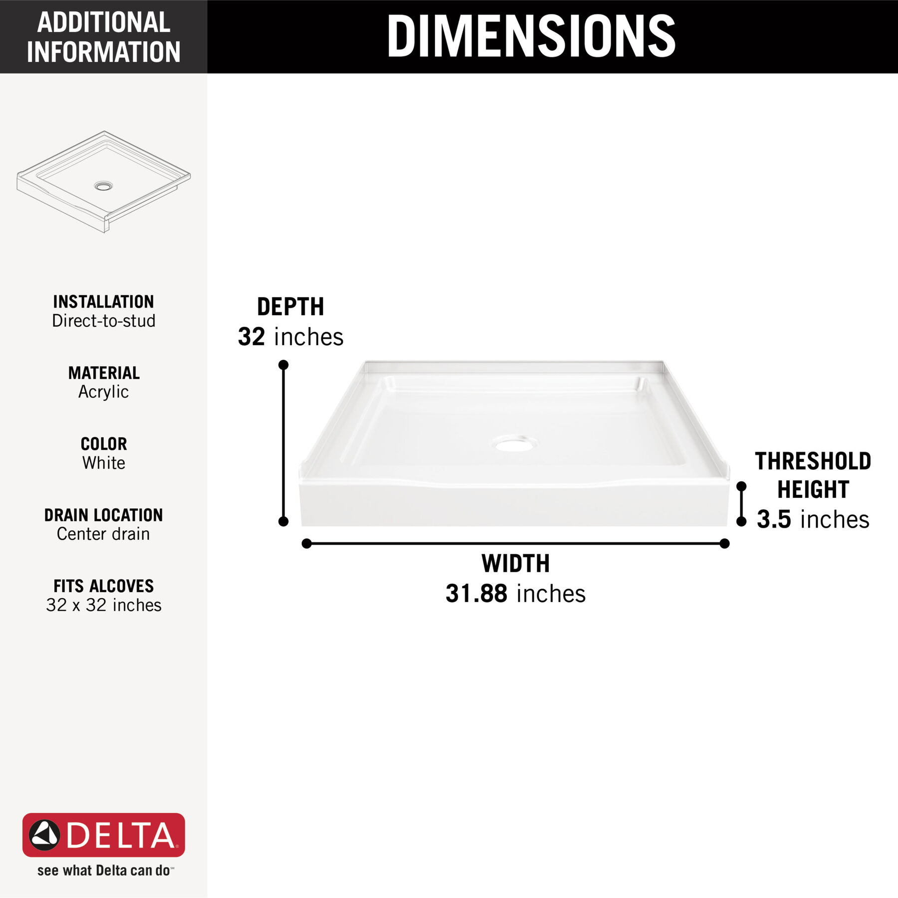 Classic 500 Shower Base 32"x32" in High Gloss White B12135-3232-WH ...