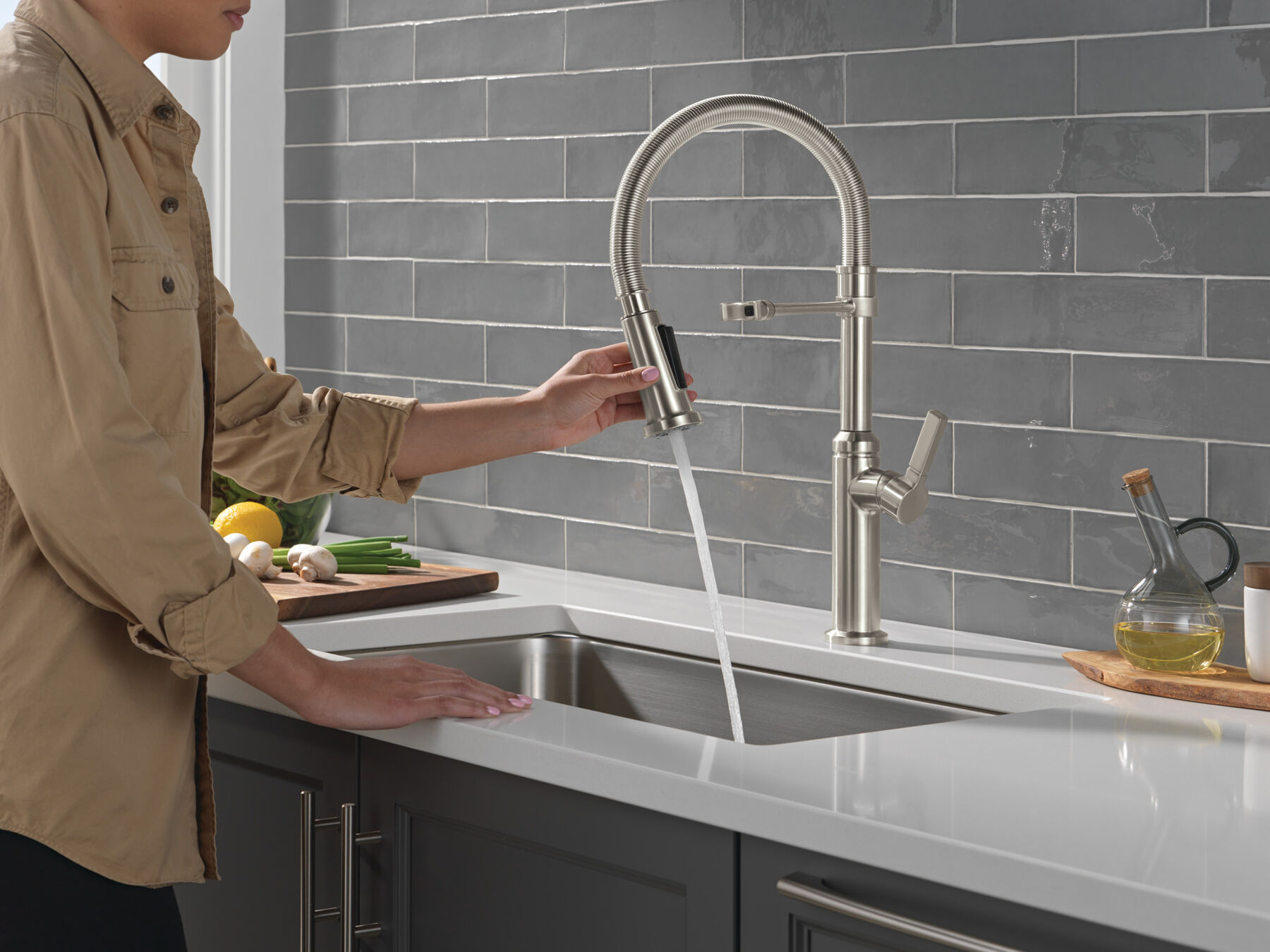 Single Handle Pull-Down Kitchen Faucet With Spring Spout in Stainless ...
