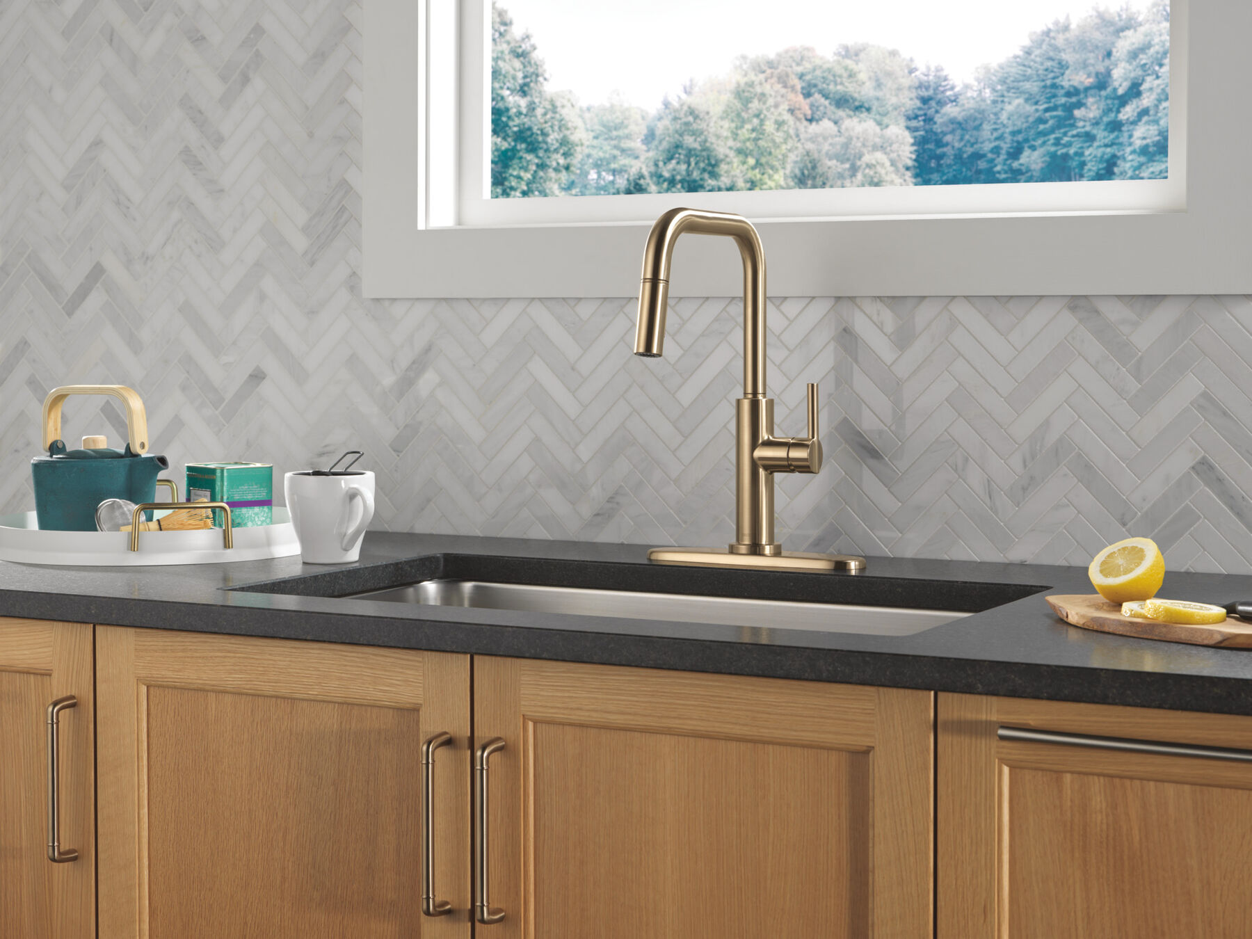 Single Handle Pull-Down Kitchen Faucet in Champagne Bronze 19868LF-CZ ...