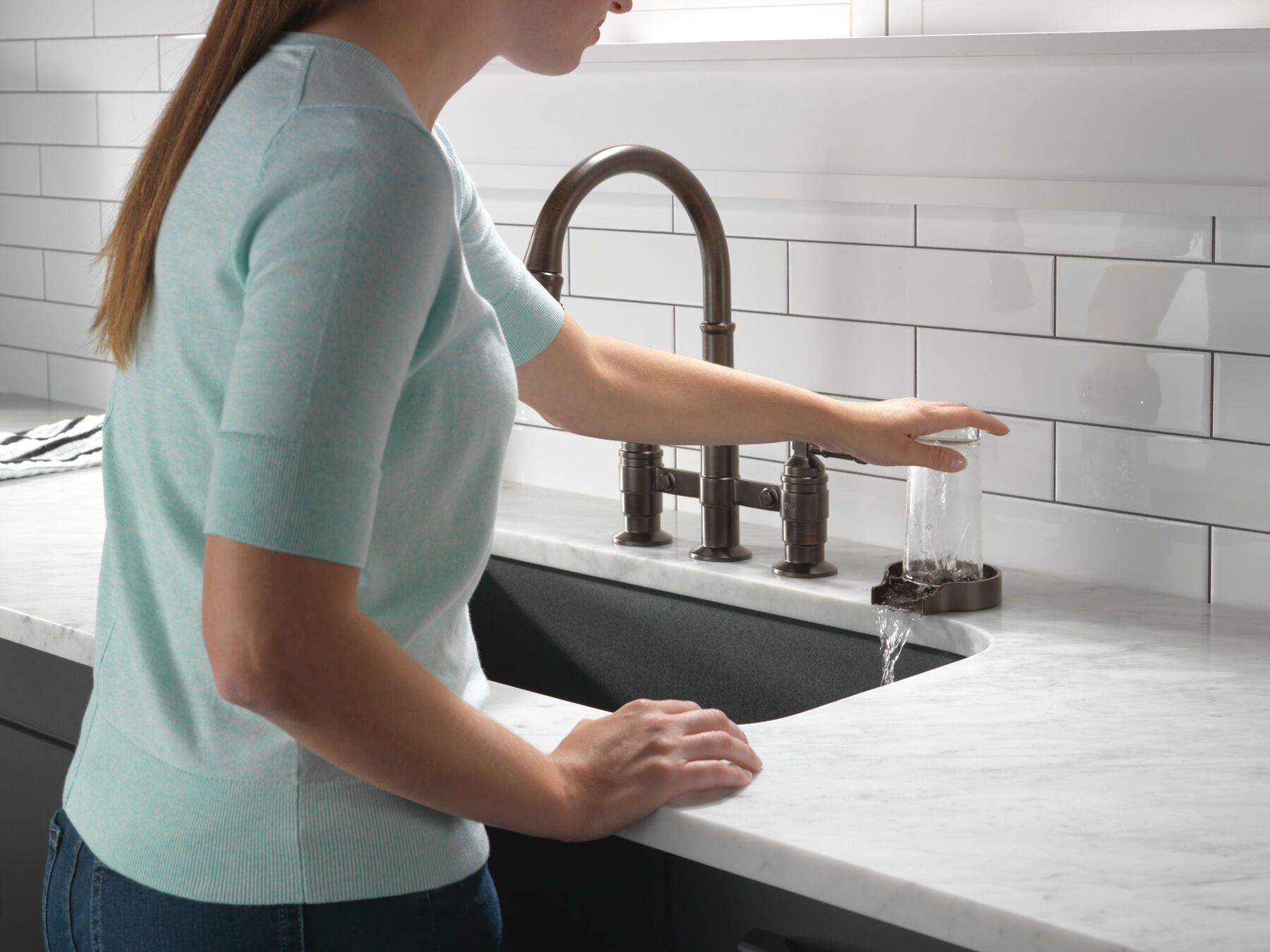 Two Handle Pull-Down Bridge Kitchen Faucet in Venetian Bronze 2390L-RB ...