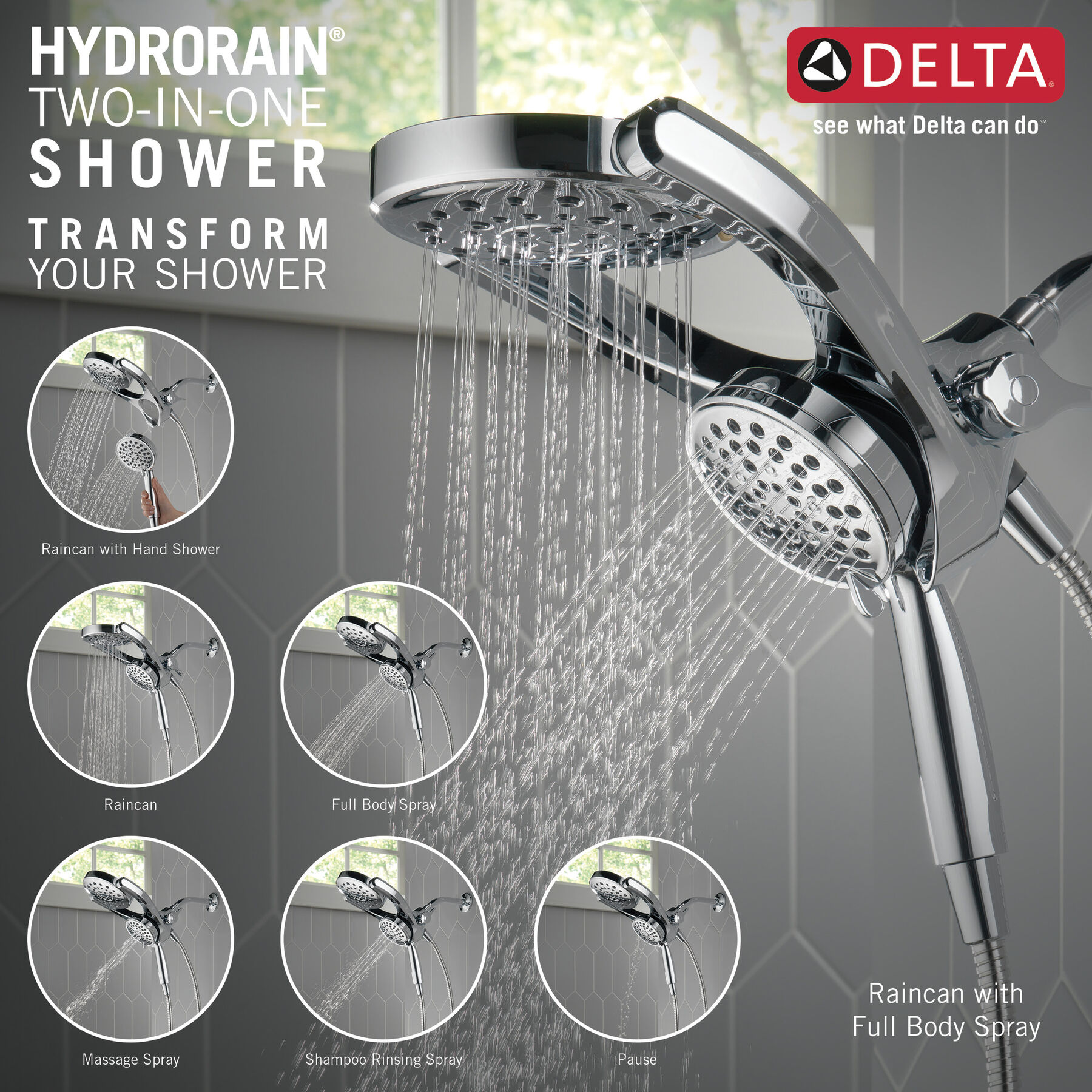 HydroRain® 4-Setting Two-in-One Shower Head in Chrome 75698D | Delta Faucet