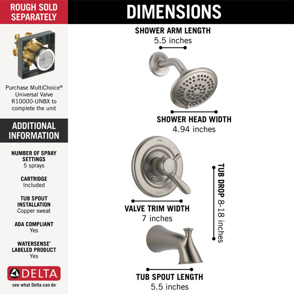 Monitor® 17 Series Tub & Shower Trim in Stainless T17438-SS | Delta Faucet