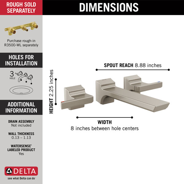 Two-Handle Wall Mount Bathroom Faucet Trim in Stainless T3599LF-SSWL ...