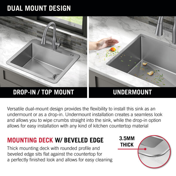 25” Drop-In Undermount Stainless Steel Single Bowl Kitchen Sink with ...