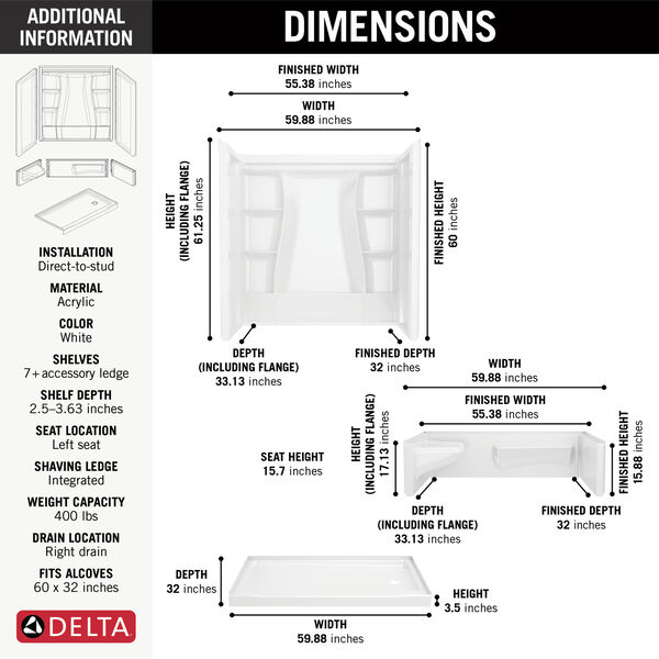60x32 Alcove Shower Bundle - Left Seat Right Drain in High Gloss White BVS3-C51703-WH | Delta Faucet