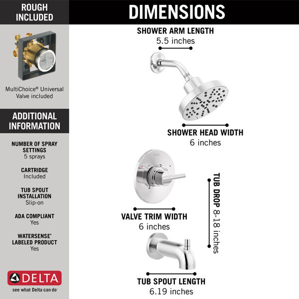 Tub/Shower Rough & Trim 1L 14S (Recertified) in Chrome 144749-R | Delta ...