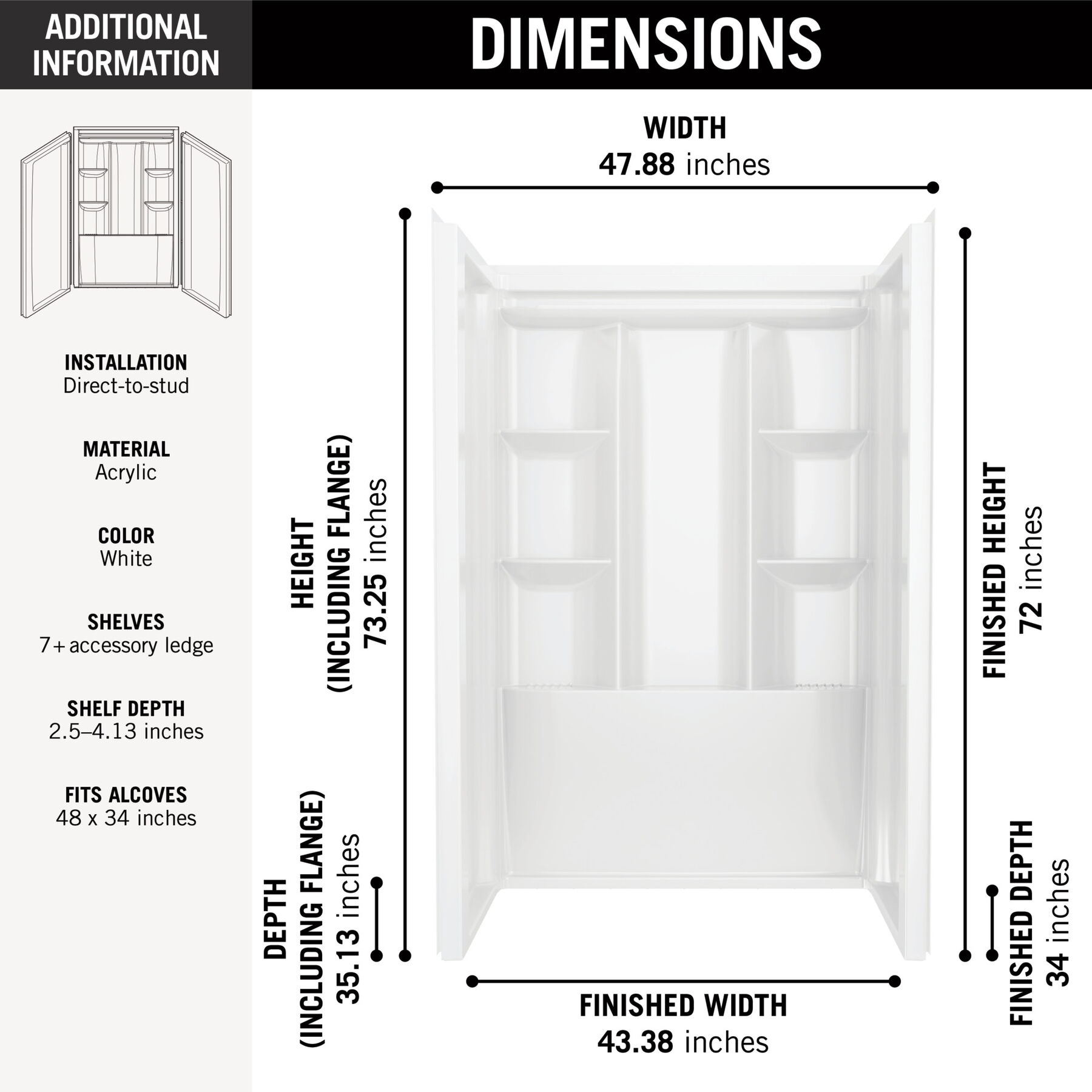 EverEdge Shower Wall 48x34" in High Gloss White B12207-4834-WH | Delta ...