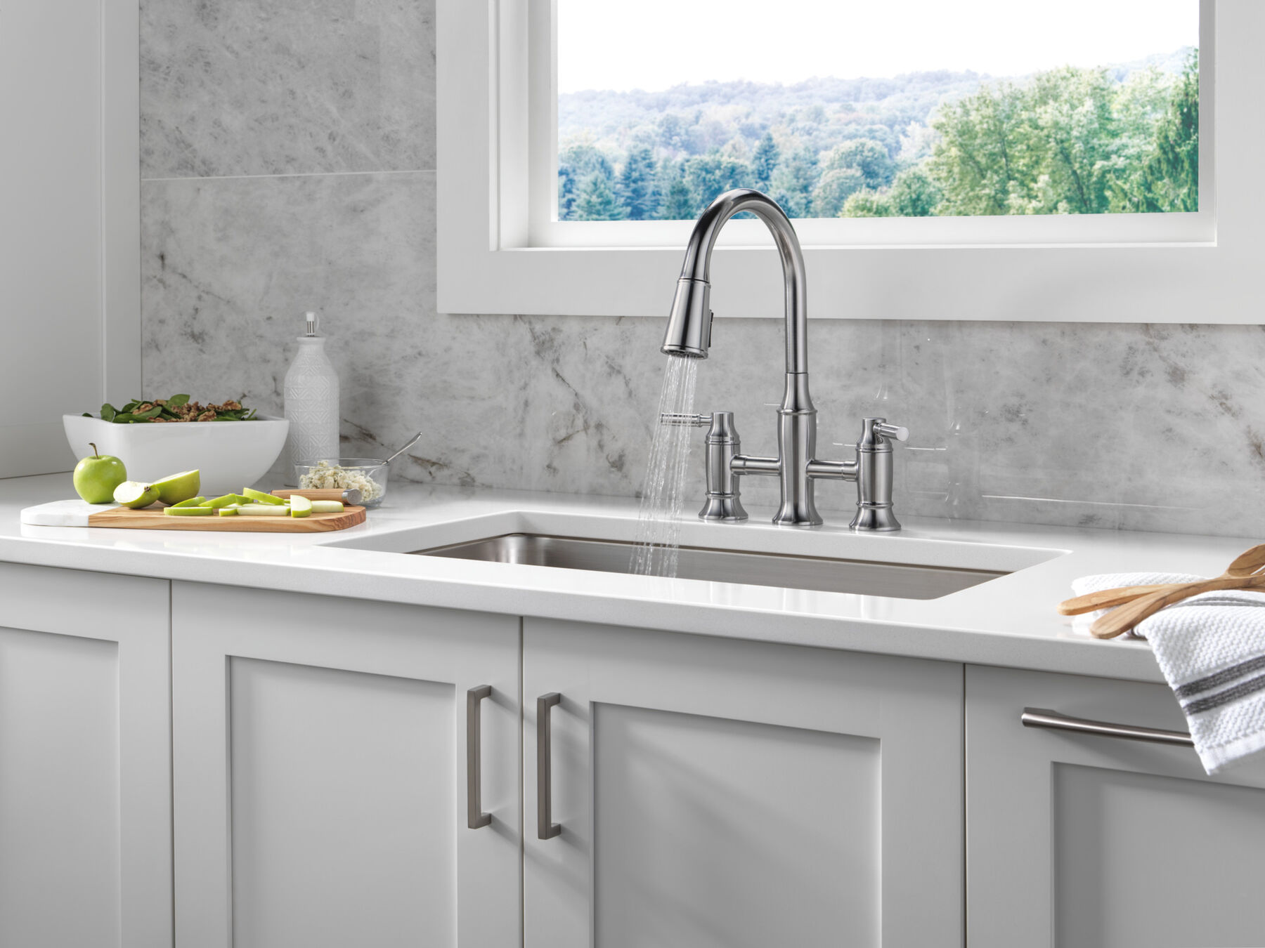 Two Handle Pull-Down Bridge Kitchen Faucet in Lumicoat® Arctic ...