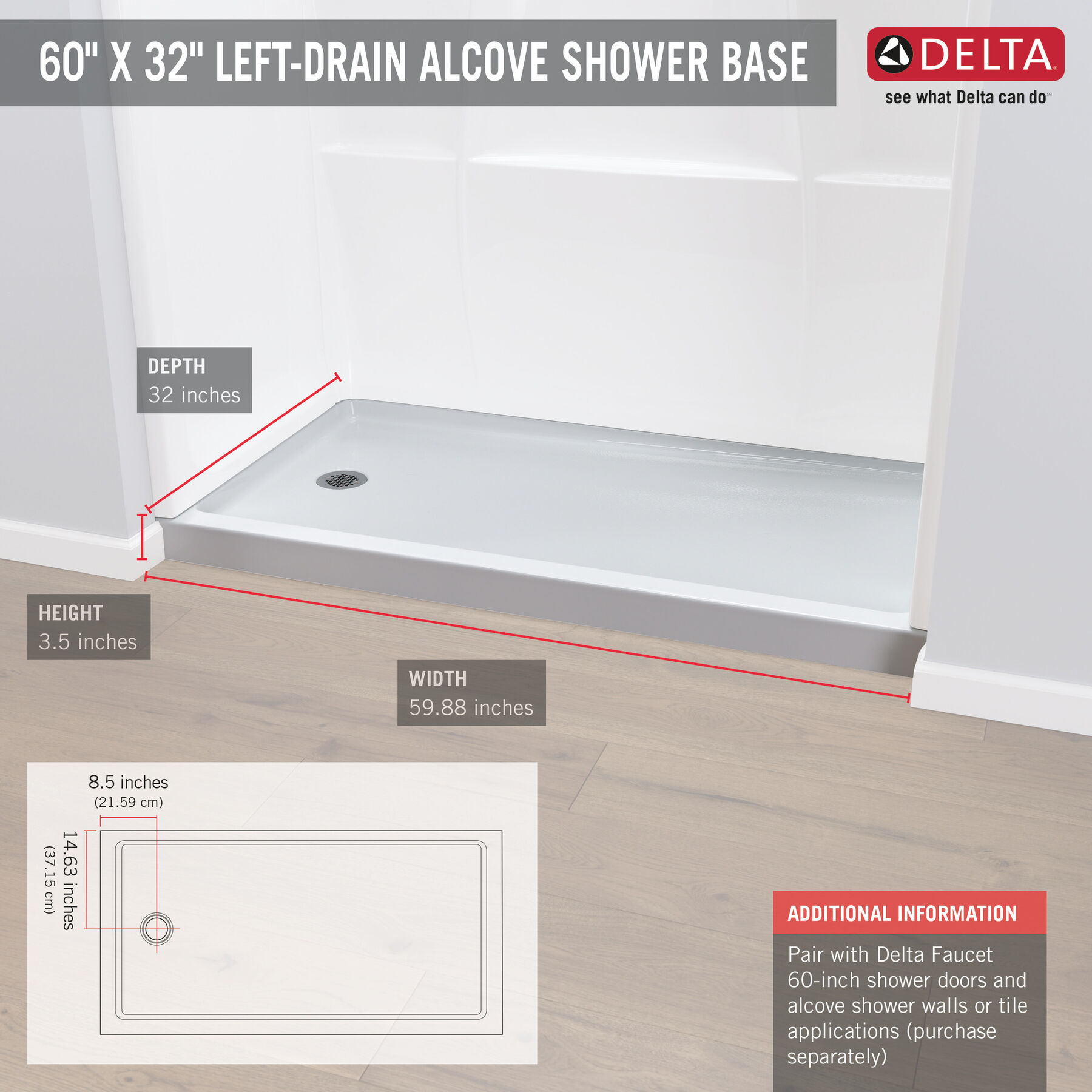 ProCrylic™ 60" x 32" Shower Base Left Drain in High Gloss White B78615 ...