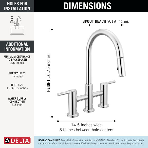Two Handle Pull-Down Bridge Kitchen Faucet in Chrome 39876LF | Delta Faucet