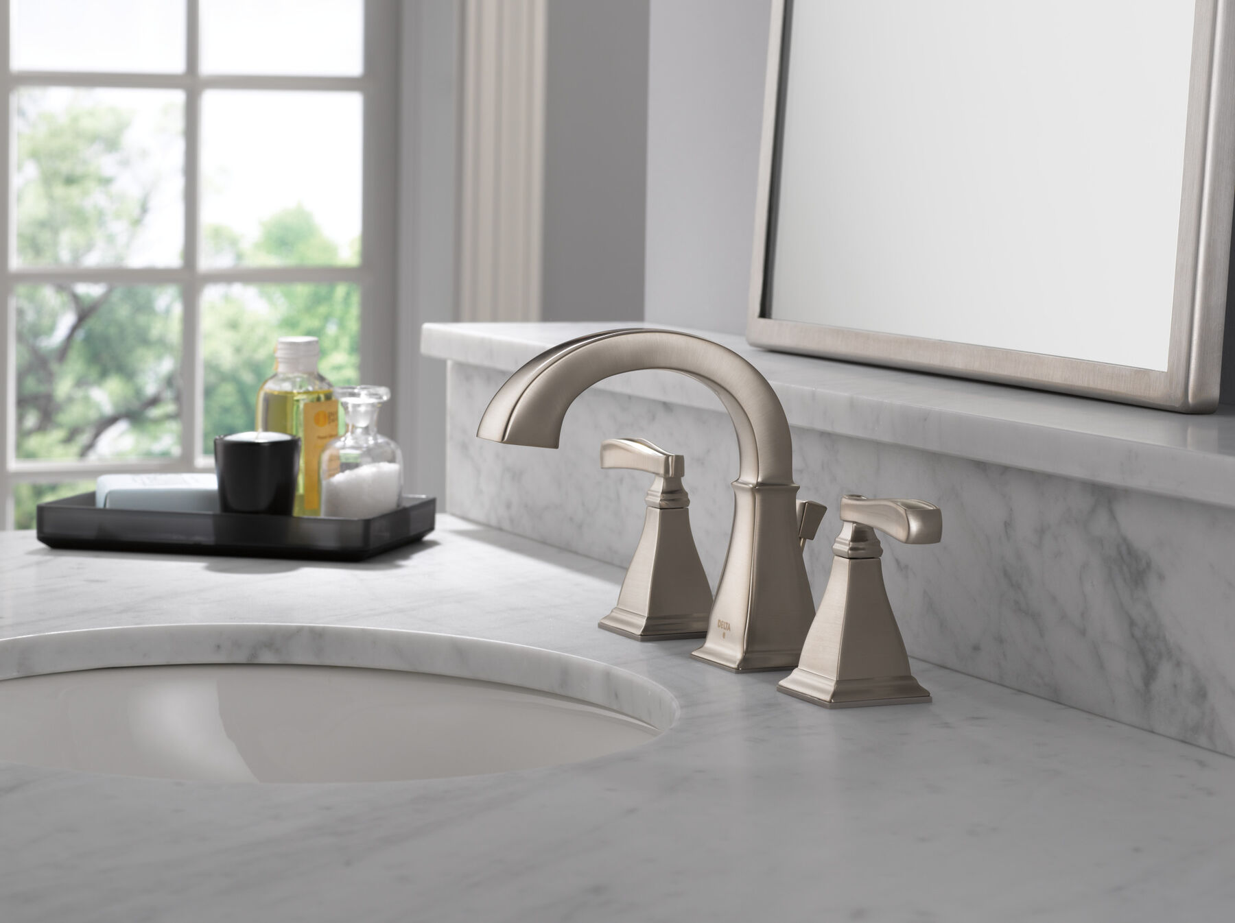 Two Handle Widespread Bathroom Faucet in Spotshield Brushed Nickel 35718-SP-DST | Delta Faucet
