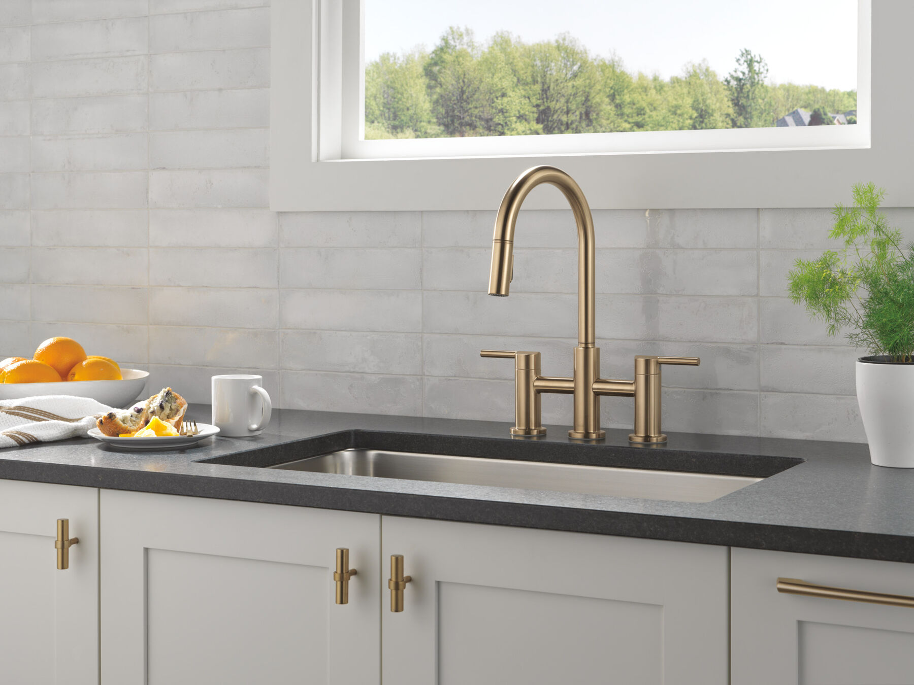 Two Handle Pull-Down Bridge Kitchen Faucet in Champagne Bronze 39876LF ...