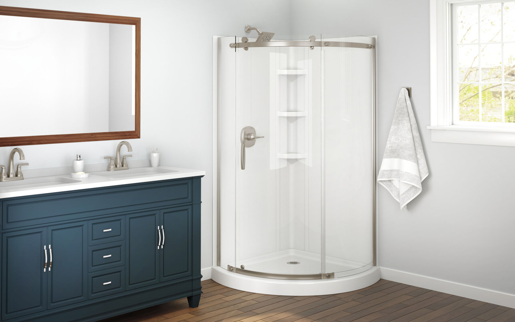 38x38 Corner Shower Bundle with Door - Frameless Round with Glue Up ...