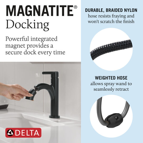 Single Handle Pull-Down Bathroom Faucet in Matte Black 15749LF-BLPD | Delta Faucet